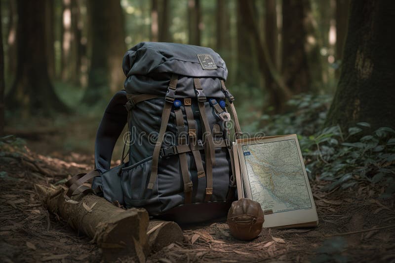 Close Up Hiking Backpack is Standing on Ground in Forest Journey Path ...