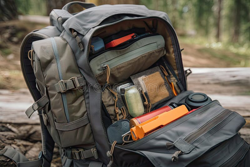 Close-up of Hiking Backpack with Various Pockets and Compartments ...