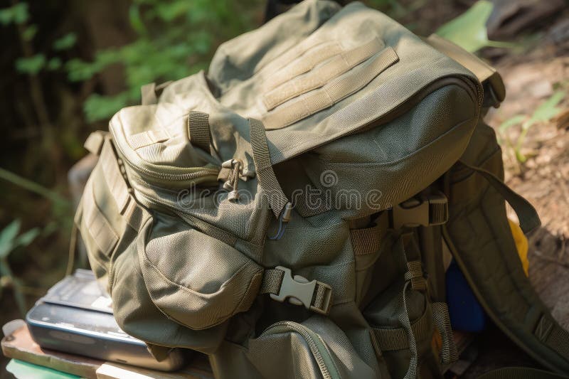 Close-up of Hiking Backpack with Various Pockets and Compartments ...