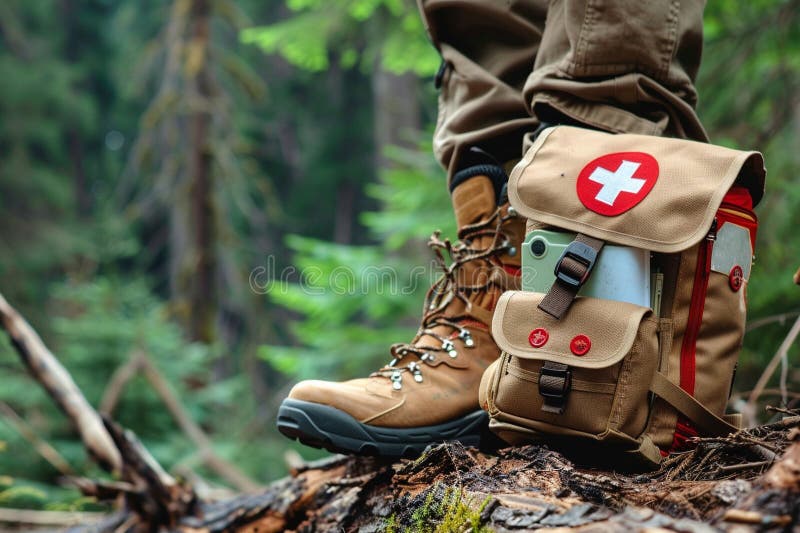 Hiking Boots and First Aid Kit in a Forest Stock Illustration ...