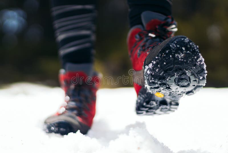 Close- Up of Hiking Boots Walking in the Snow Stock Photo - Image of ...