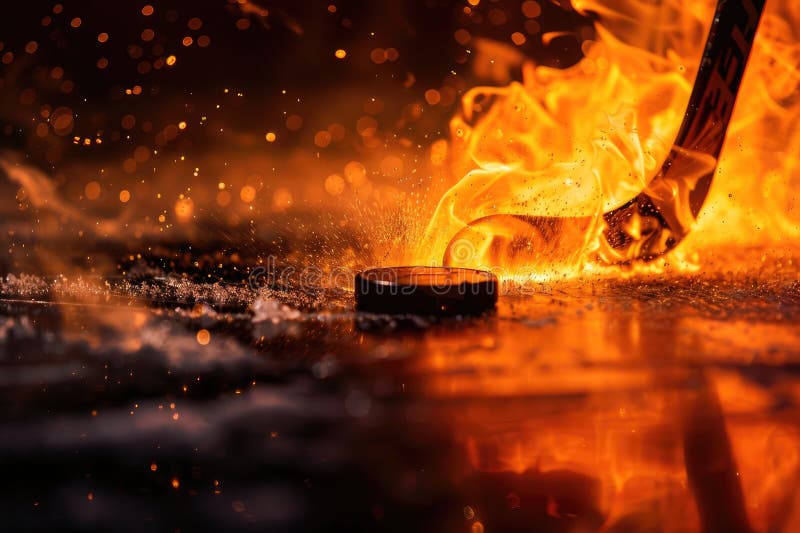 Close Up of Hockey Stick Hitting a Puck in the Form of an Burn on Fire ...