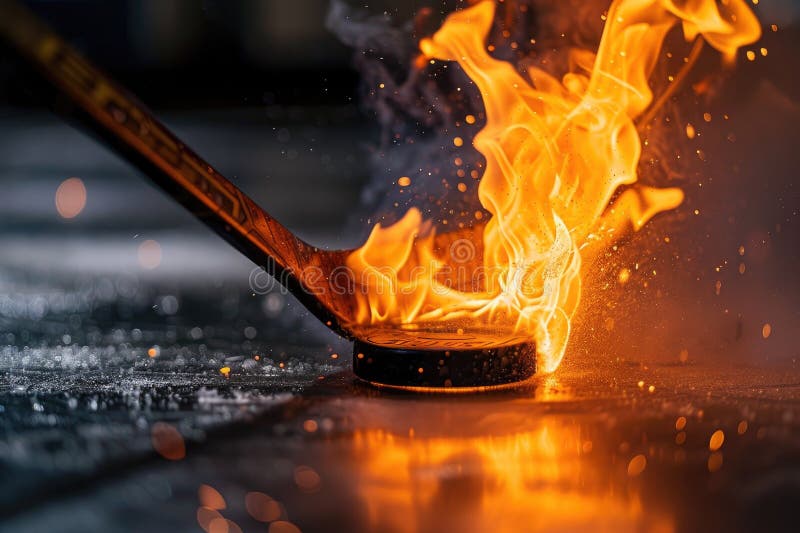 Close Up of Hockey Stick Hitting a Puck in the Form of an Burn on Fire ...