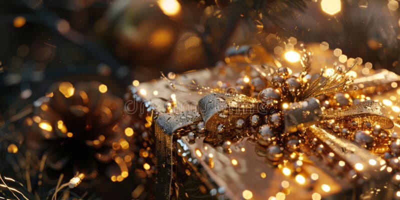 Close-up of a Holiday Present with Shiny Decorations. Stock ...