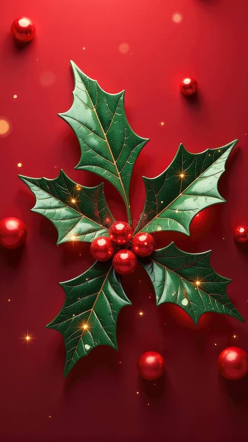 Close-up of Holly Leaves with Berries on a Red Background with Space ...