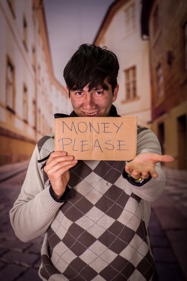 Close Up of a Homeless with Cardboard Description of Money Please, in a ...