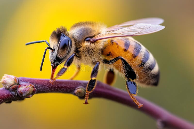 Close-up of a Honey Bee Standing on a Thin Branch with Yellow Blurry ...