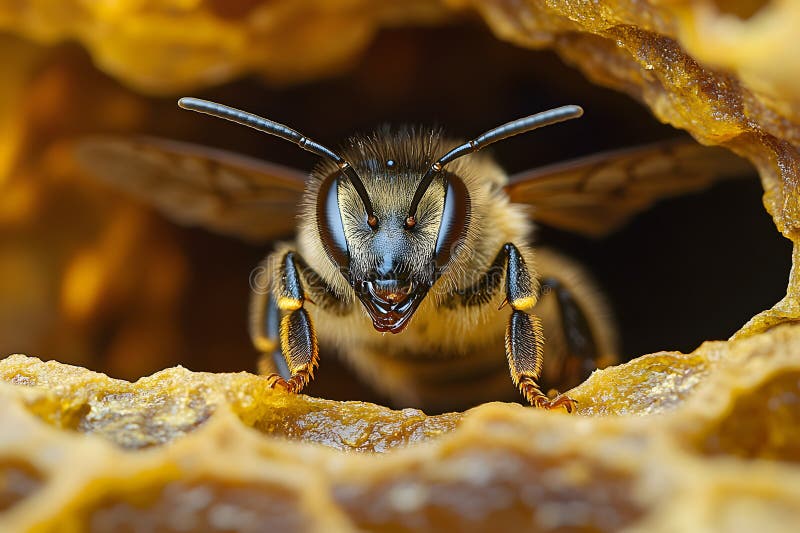 A Close Up of a Honey Bee Walking Across a Honeycomb Inside a Beehive ...