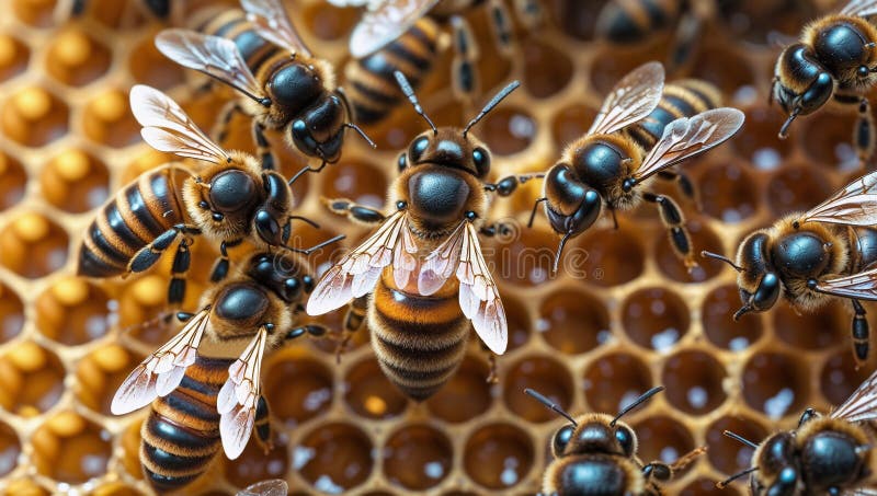 Close-up of Honey Bees Working on Honeycomb Structure Inside Beehive ...