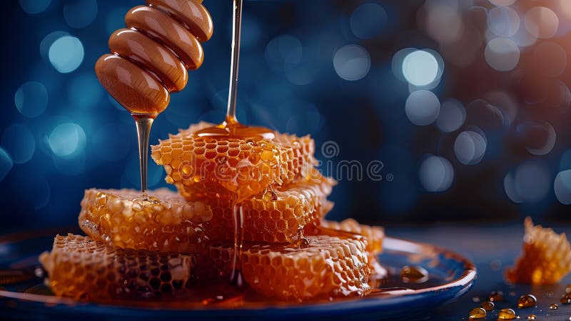 Close-up of Honey Dripping from a Dipper Onto a Stack of Honeycombs Stock Illustration ...