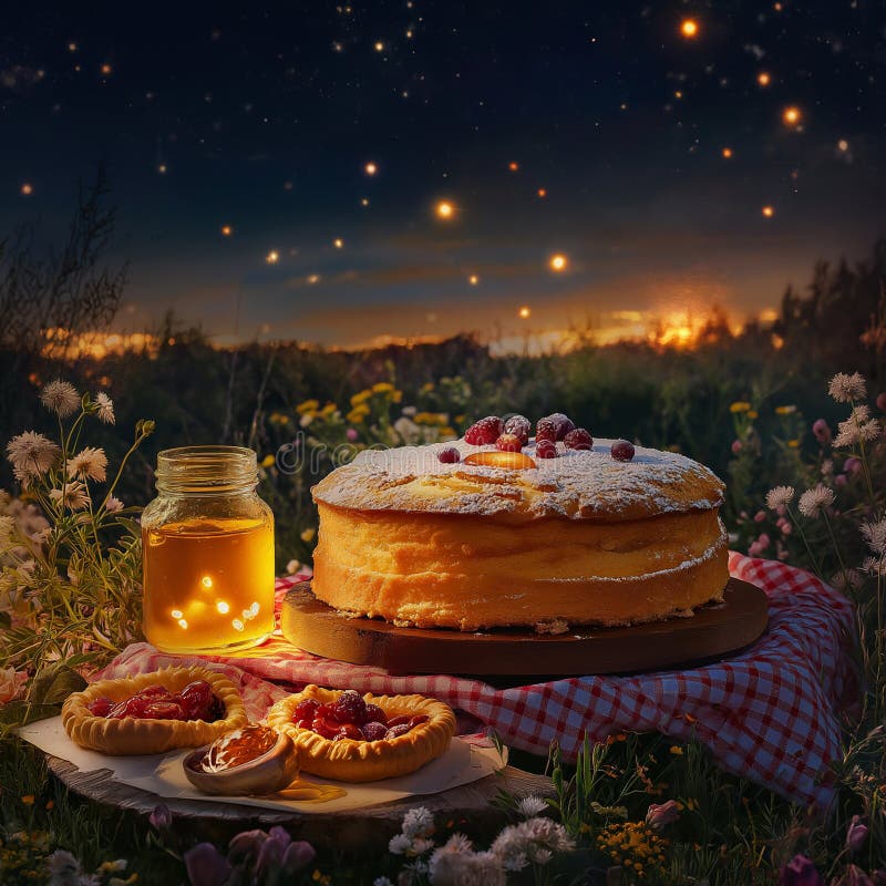 A Close Up of a Honey Pie with a Jar Next To it at Night with Fireflies ...