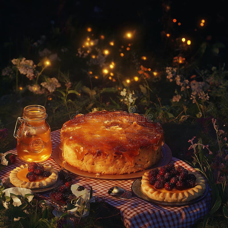 A Close Up of a Honey Pie with a Jar Next To it at Night with Fireflies ...