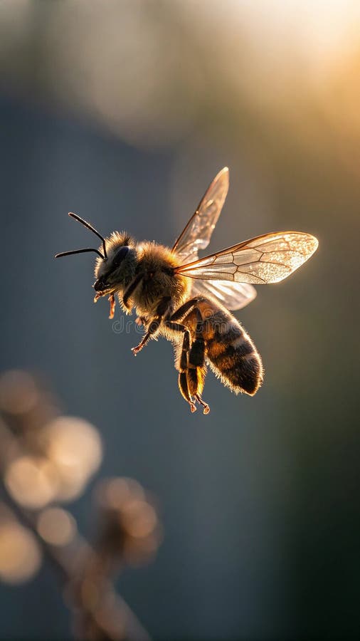 Pollination Bee in Flight – Sharp Macro Insect with Glow Effect Stock ...