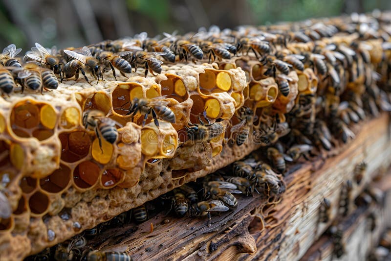 Bees Gathering on Honeycomb Showcasing Pollination and Nectar ...