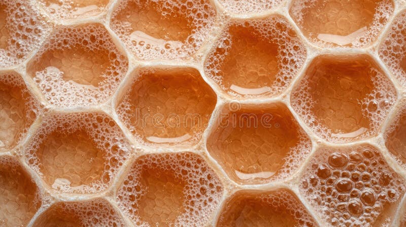 Close-up of Honeycomb Cells Filled with Honey and Bubbles. Stock ...