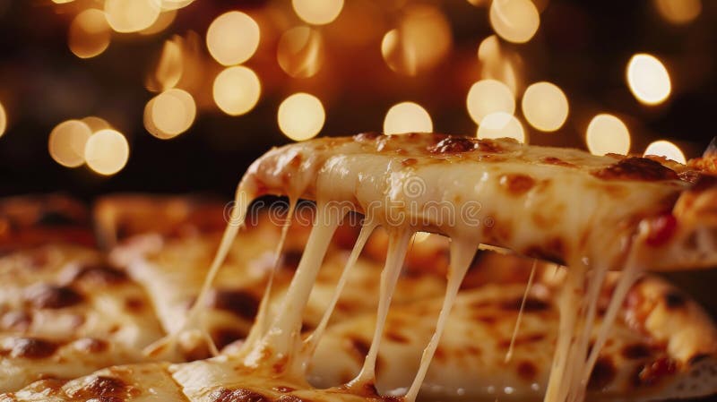 Close-Up of Hot Cheesy Pizza Slice with Melting Cheese Pulled Away from ...