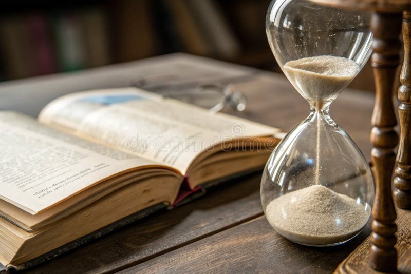 Close-up of Hourglass with Book on Table Stock Illustration ...