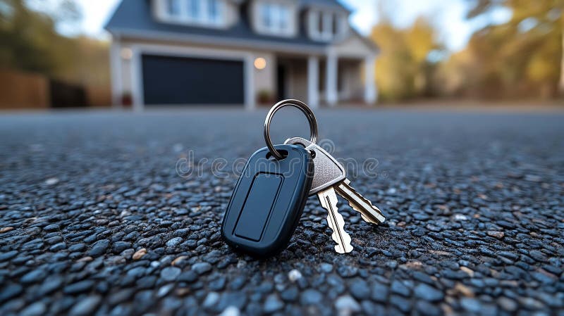 A Close-up of House Keys Resting on Asphalt in Front of a Beautiful ...