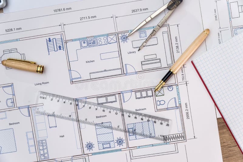 Close-up on House Plan with Ruler, Pen and Notebook Stock Photo - Image ...