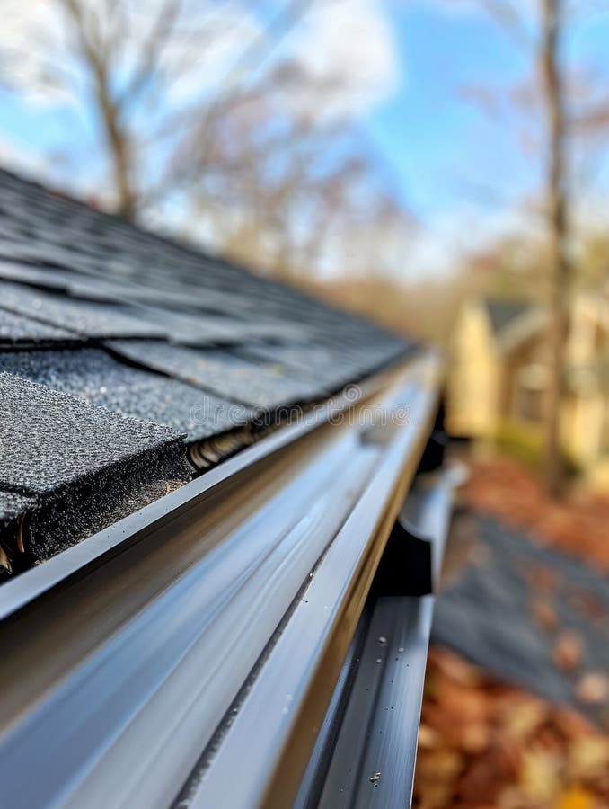 Close-up of House Rooftop Showing Shingles and Gutter System. Stock ...