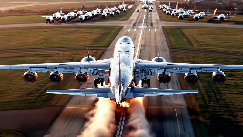 Close-Up of Huge Airplane Jet Moving Forward with Heat Haze and Distant ...