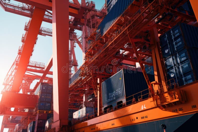 Close-up of a Huge Port Crane. Containers are Stacked on the Loading ...