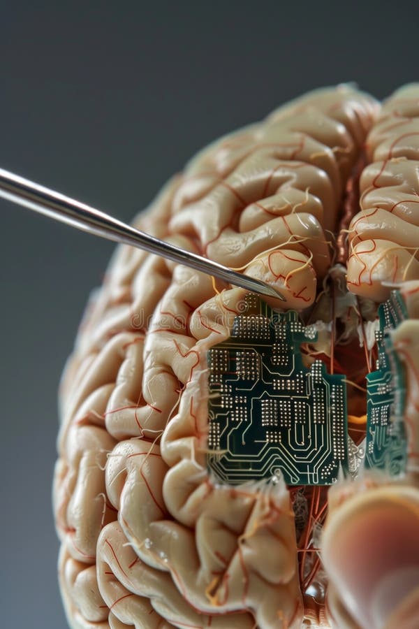 Close-up of a Human Brain Model with Embedded Circuit Board ...