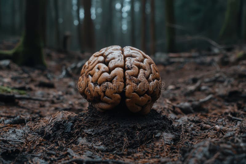 Close-up of a Human Brain Model in a Forest Setting Stock Illustration ...