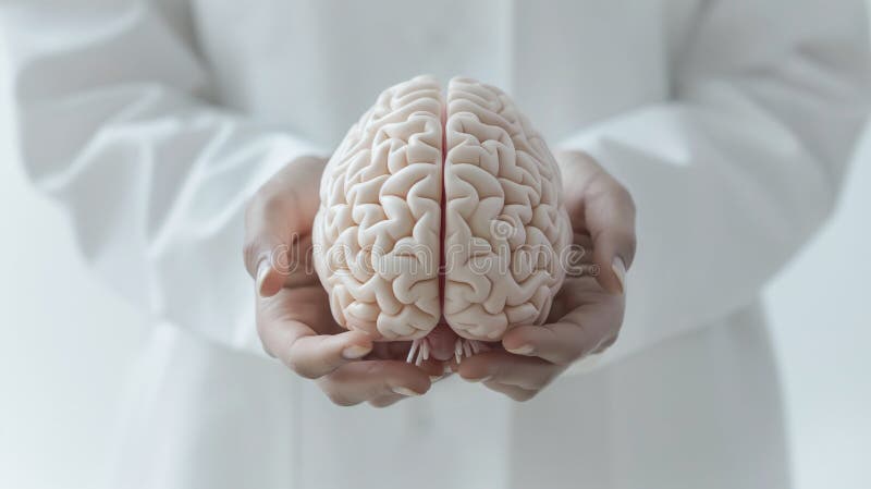 Close Up of Human Brain Model Held by Hands on White Background with ...