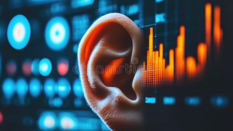 Close-up of Human Ear with Digital Sound Wave Visualization Stock ...