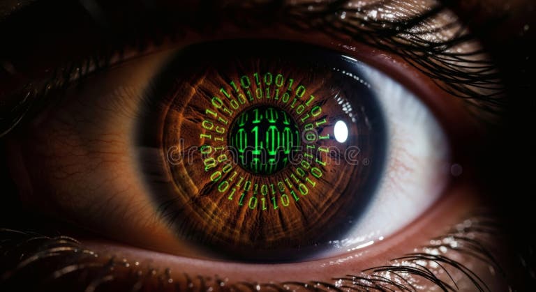 Close-up of Human Eye with Binary Code Projected Onto Iris, Conveying a ...