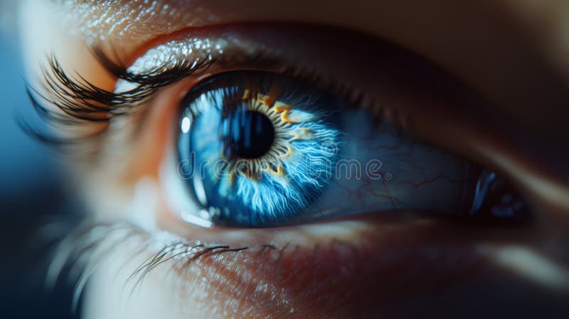 Close-up of a Human Eye with Blue and Amber Iris Reflecting Futuristic ...