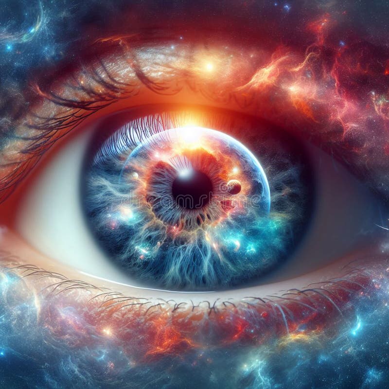 A Close-up of a Human Eye with a Cosmic Scene Stock Illustration ...