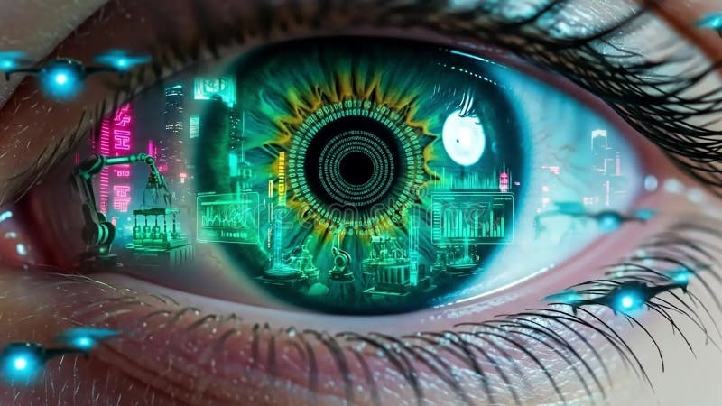 Close-up of a Human Eye with Digital Futuristic Interface Elements and Glowing Blue Data Points ...