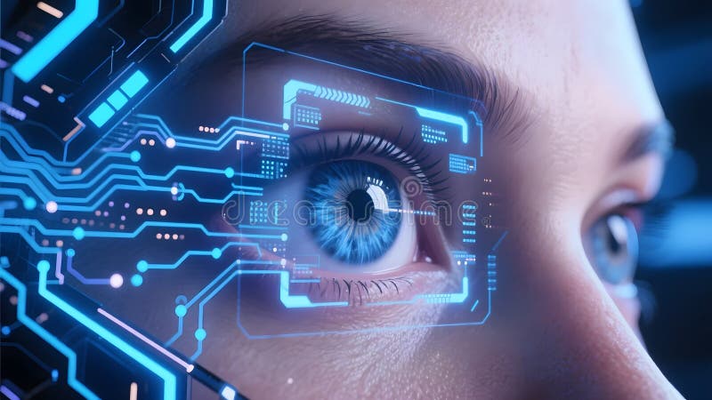 Close Up of a Human Eye with Digital Interface Overlay and Circuit ...