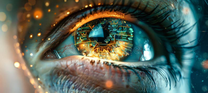A Close-up of a Human Eye with a Digital Interface Reflected in the ...