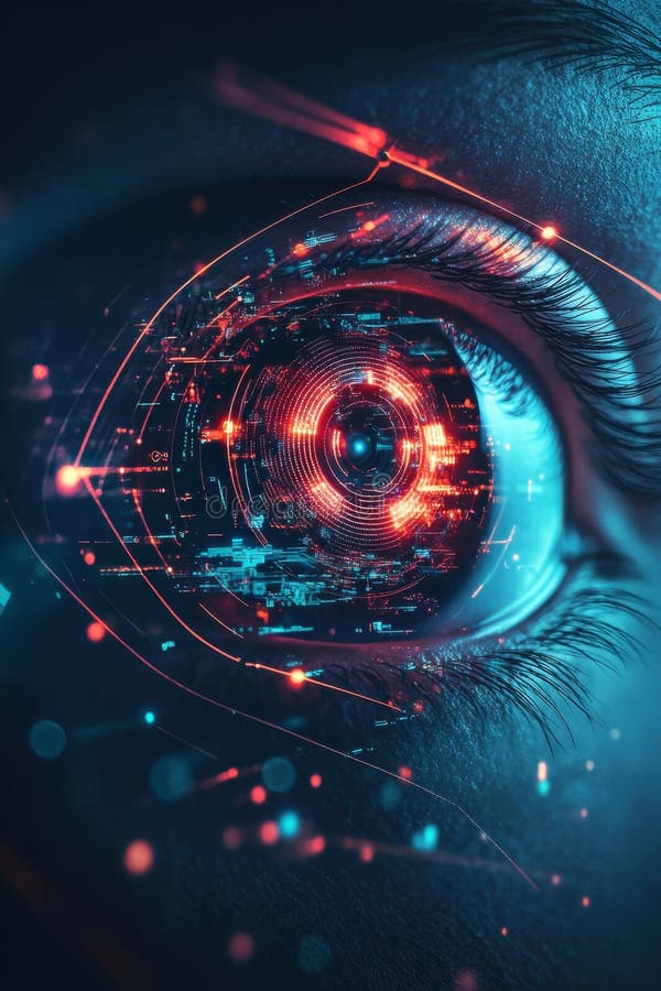 Close-up of a Human Eye with Digital Lines and Glowing Orange Interface ...