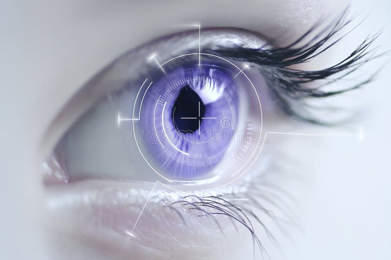 Close Up Human Eye with Digital Scan Overlay, Violet Iris, Long Lashes ...