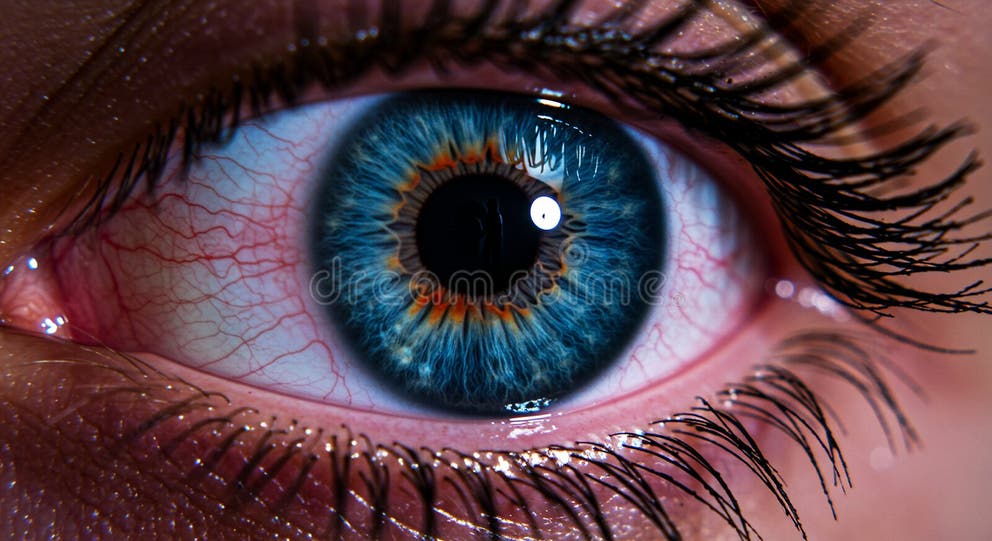 Close-up of a Human Eye Displaying a Striking Blue Iris with a Sunburst ...