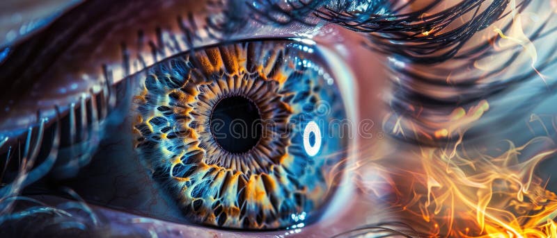Close-Up of a Human Eye with a Flame Effect Stock Illustration ...