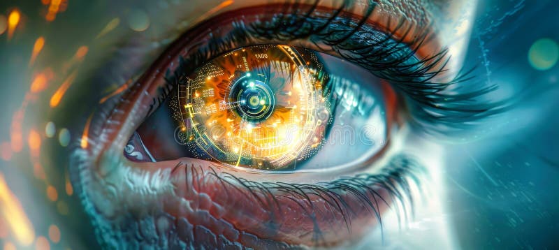A Close-up of a Human Eye with a Futuristic Technological Iris, Glowing ...