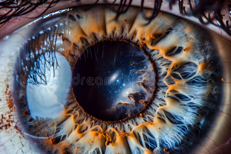 Close-up of a Human Eye with a Galaxy Inside the Iris. Reflecting the ...