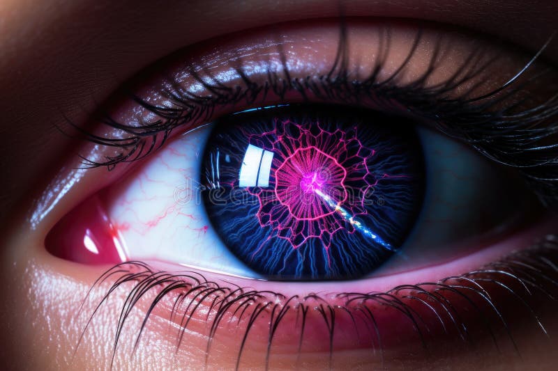 Close-up of Human Eye with Glowing Iris, 3D Rendering, a Laser Vision ...