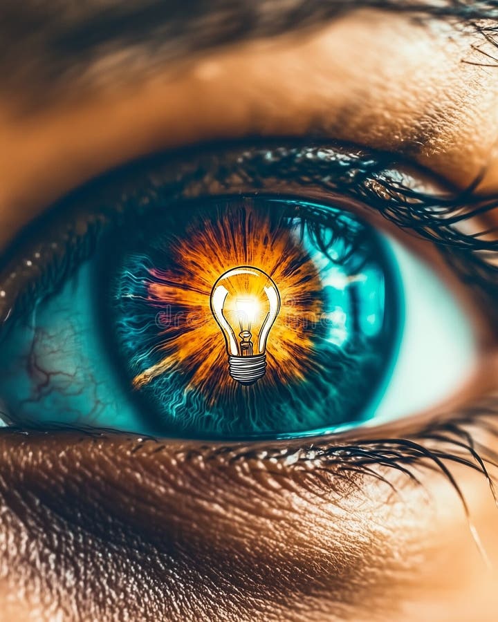 Close-up of a Human Eye with a Glowing Light Bulb Reflected in the Iris ...