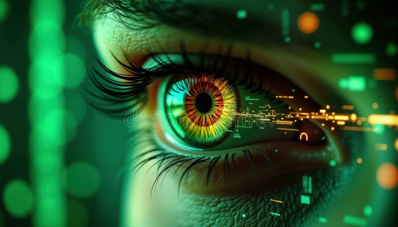 Close-up Human Eye on Green Tech Background. Digital Data Pattern ...