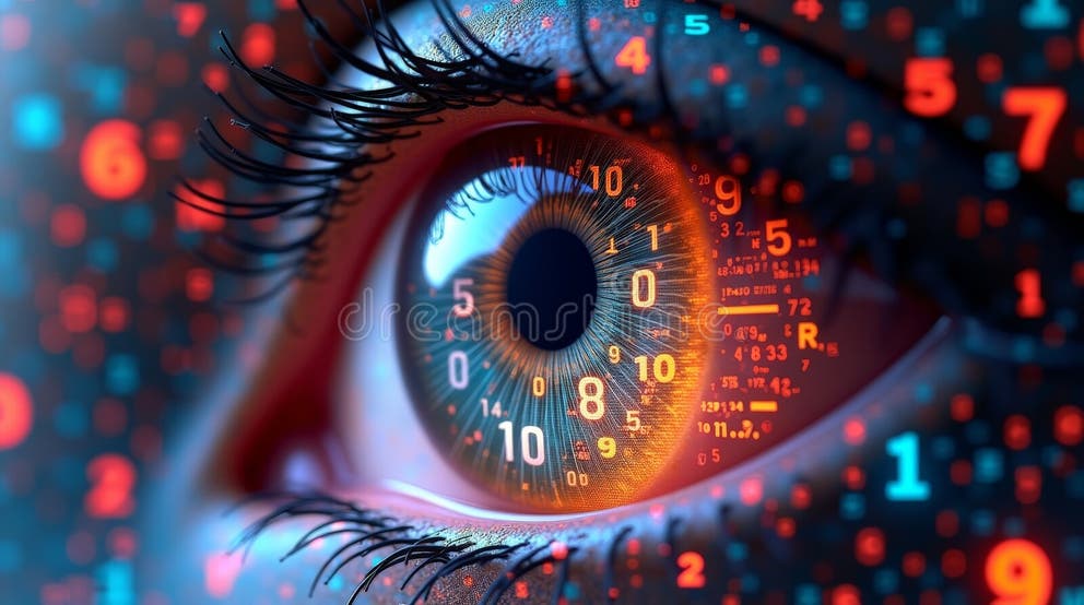 Close-Up of Human Eye with Multicolored Numbers Representing Digital Data Integration Stock ...