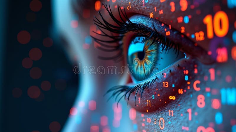 Close-Up of Human Eye with Multicolored Numbers Representing Digital ...