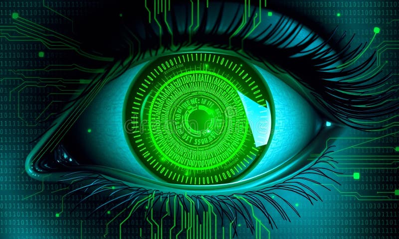 A Close-up of a Human Eye with a Neon Green Matrix Code Cascading Down ...
