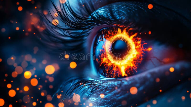 Close Up of Human Eye with Orange and Blue Reflections, Abstract Light ...