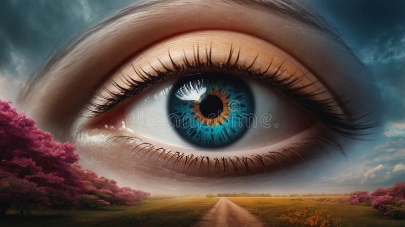 A Close-up of a Human Eye with a Path and Trees Reflected in the Iris ...